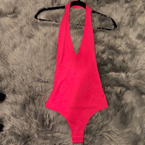 Tops | Newneon Pink Deep V Sleeveless Halter Bodysuit | Poshmark